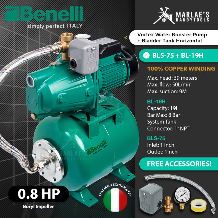 Benelli Self Priming Jet Booster Water Pump 0.8HP BLS75 + Bladder Tank ...