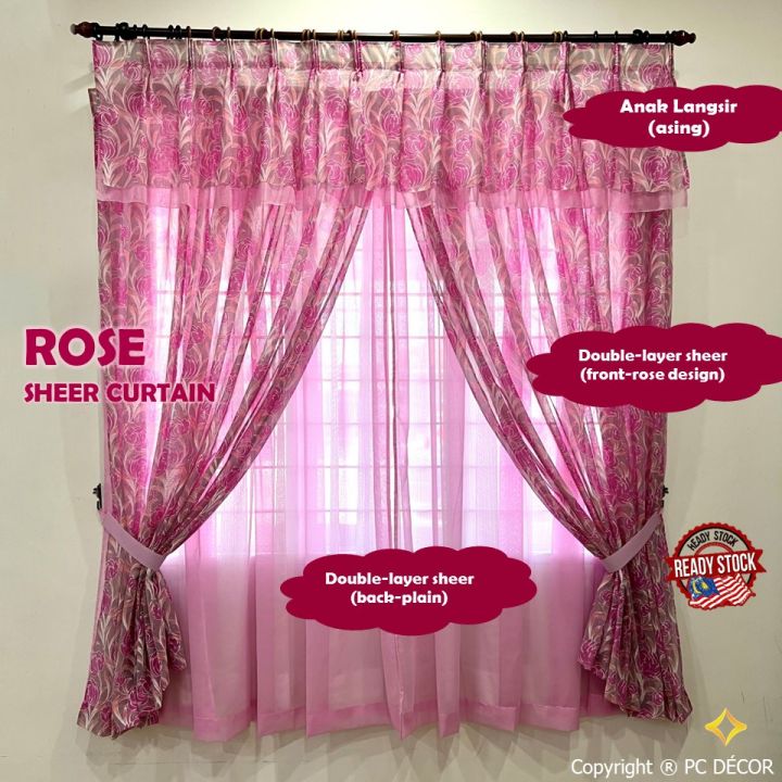 PCDecor Langsir Sheer Rose Dua Lapis Siap Jahit Cangkuk & Ring Kain ...