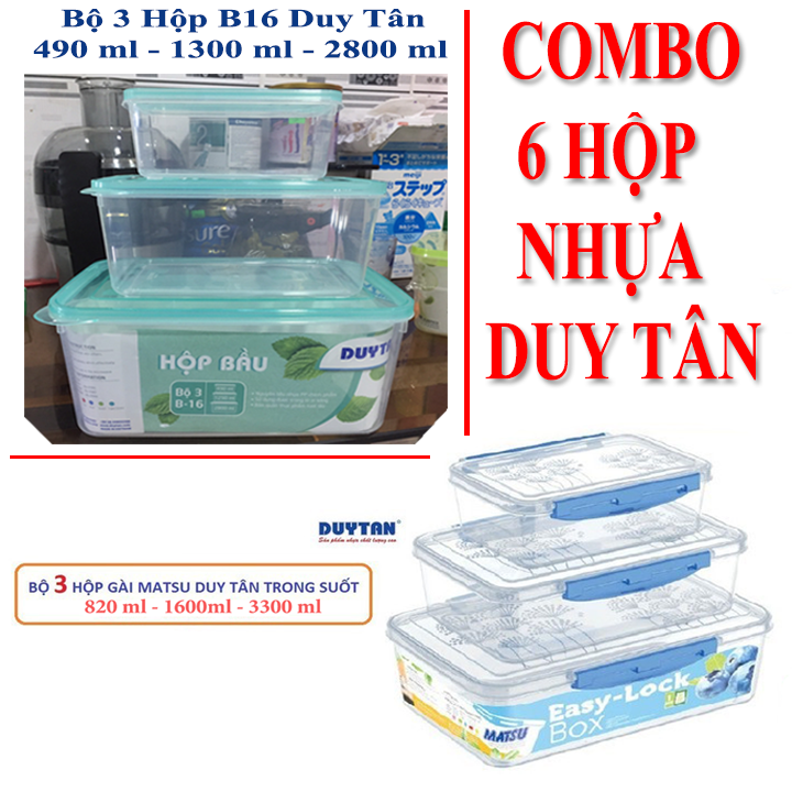 [TRỌN BỘ 6 HỘP] Bộ 3 Hộp Gài Matsu Trong Suốt 820ml - 1600ml - 3300ml VÀ Bộ 3 Hộp nhựa bầu Duy ...