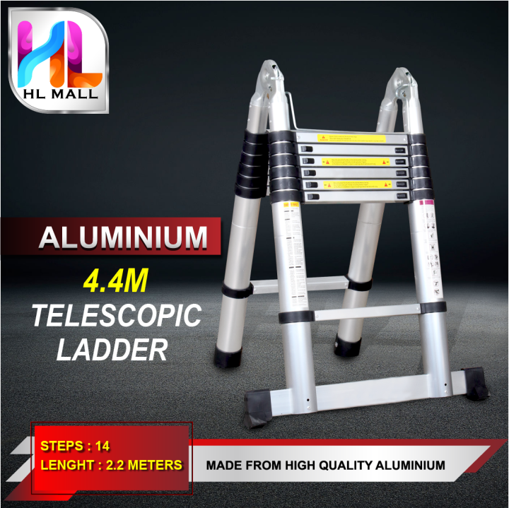 HL MALL 2.2M x 2.2M Aluminium Telescopic Pole Ladder Multi-Purpose Extendable Folding Ladder ...