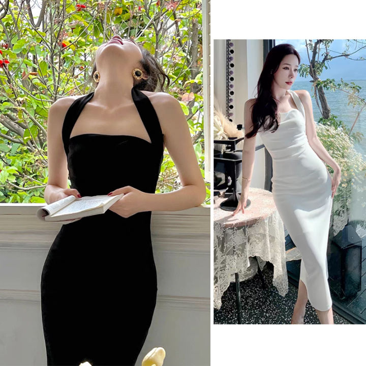 Luna shop ชุดเดรสคอฮอลเตอร์สีขาวทรงสลิมผู้หญิงสไตล์เกาหลี ชุดเซ็กซี่ผ่า ...