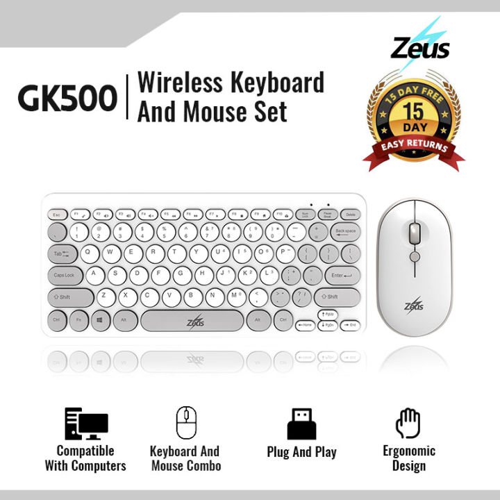 Zeus GK-500 Wireless Keyboard and Mouse 2.4GHz Wireless Retro Cute Slim Light Keyboard With ...
