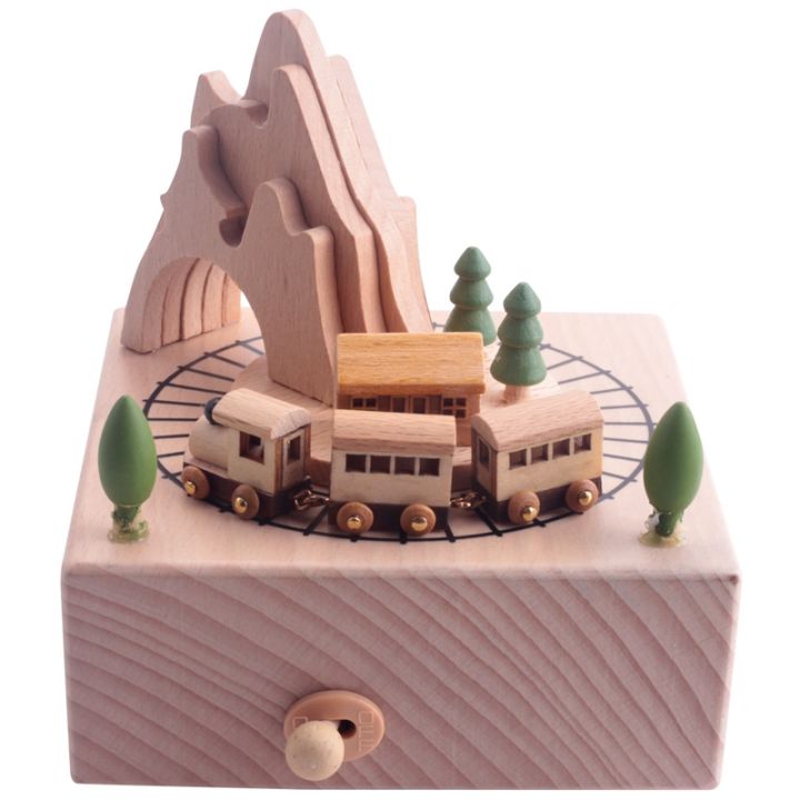 Wooden Musical Box Featuring Mountain Tunnel With Small Moving Magnetic ...
