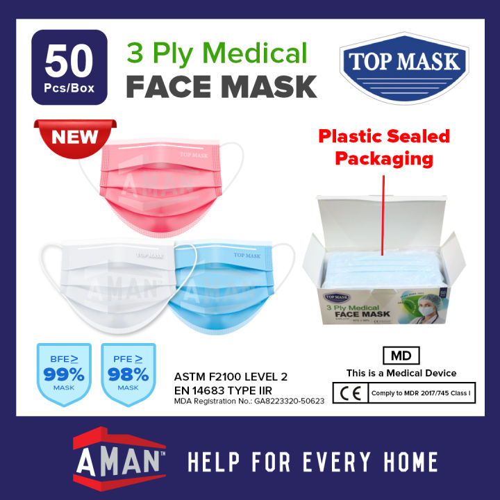 Top Mask 3 Ply Medical Facemask | BFE 99% | 50 pcs per box [Made In ...