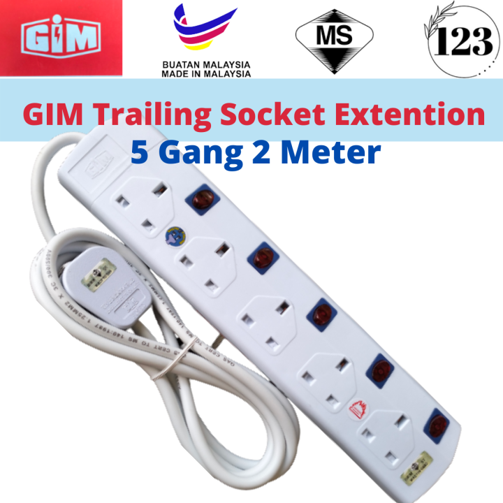 Trailing Socket 5 Gang 2M Extension w Neon Plug Adaptor / Penyambung Soket Wayar [GIM BRAND ...