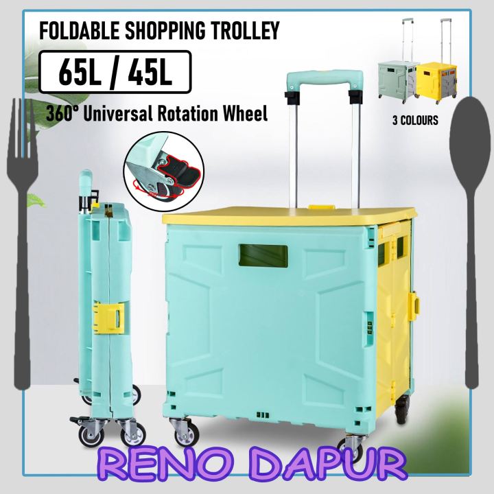 65L/ 45L Extra Large Folding Shopping Cart Trolley With Lid 100Kg Load ...