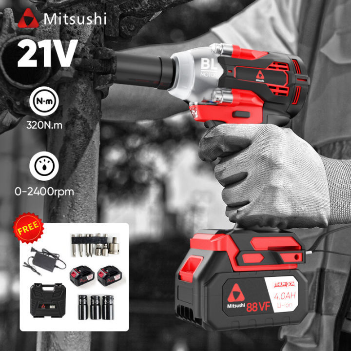 Mitsushi 21V Brushless Cordless Impact Wrench Heavy Duty with 2pcs/1pcs ...