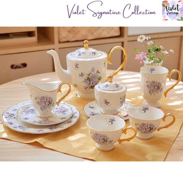 Violet Flamingo ชุดน้ำชาลายดอกไม้สีม่วงขอบทอง (Violet Signature Tea Set ...