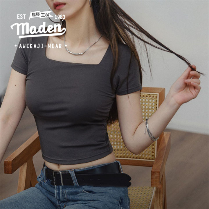 Uncle Fu MADEN เสื้อยืดคอกลมแขนสั้นแบบมีจีบด้านหน้าและไหล่เข้ารูปพอดี ...