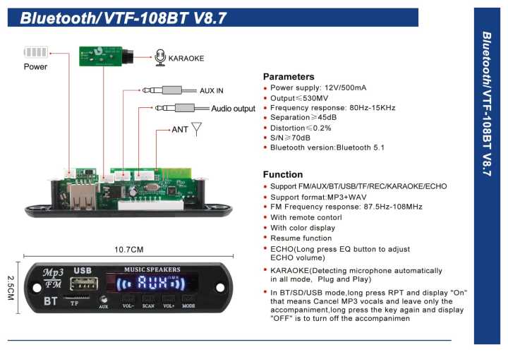 Mp3 Kit Modul Bluetooth 5.0 USB AUX Fm Ridio 12V Original VTF-108BT ...