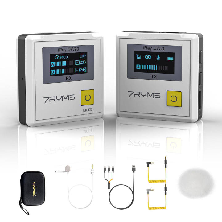 7RYMS iRAY DW20 Wireless Lavalier Microphone System, 2.4G Dual-Channel Compact Lav Mic with LCD ...