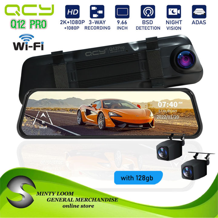 QCY Q12 PRO 9.66" 2K+1080P+1080P 3-Way Recording WiFI Car DVR Rearview ...