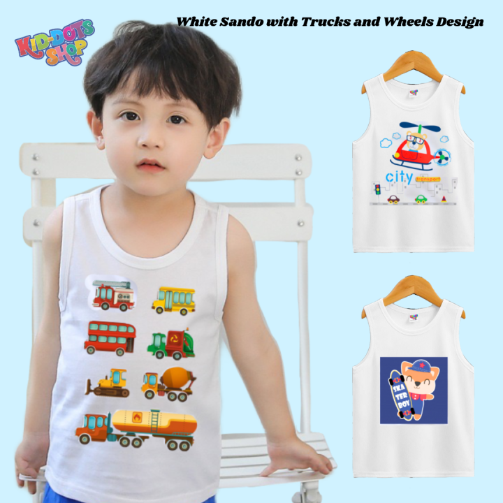 Kids' Sleeveless White Sando with Trucks and Wheels Graphic Design ...