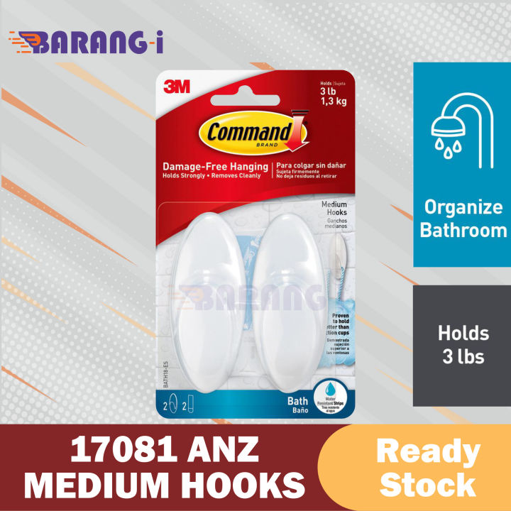 3M Command Bath 18 Water Resistant Medium Towel Hook Bathroom (2Pcs/Pck ...