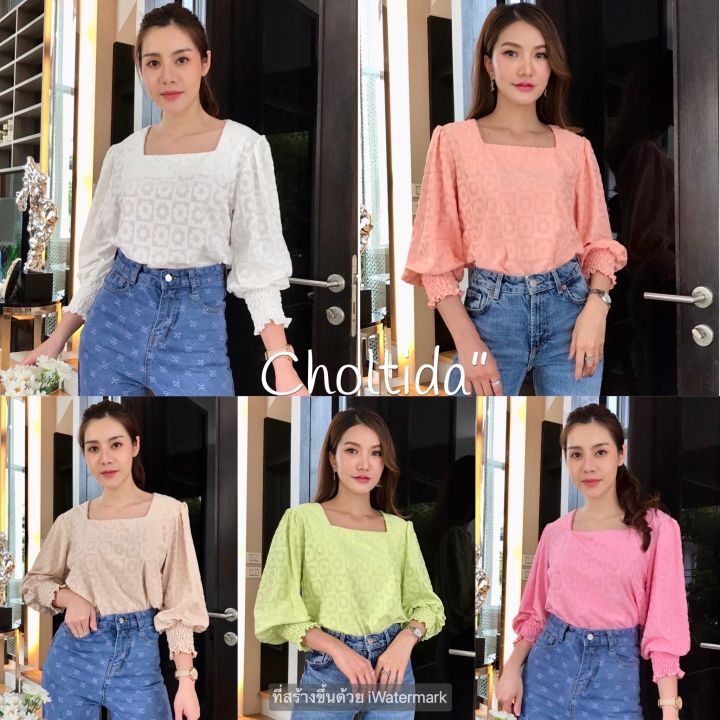 เสื้อ CHOLTIDA 🍓 เสื้อ คอเหลี่ยม เนื้อผ้ายืดเกาหลีปั้มนู้น ลายดอกไม้ ทั้งตัวดีไซน์สวยแขนจั้ม งาน ...