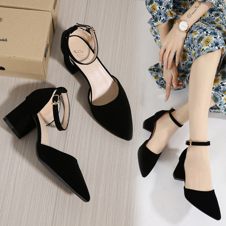 Suede Pointed Toe Black Office Work Block Heel Sandals For women GK100 ...