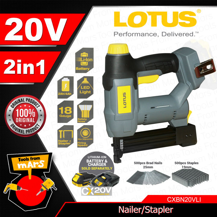 Lotus 20V Li-Ion Cordless Brad Nailer / Stapler Tacker Wireless Nailing ...