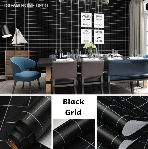 45cm x 10 Meters Self-Adhesive Black Grid Tiles Wallpaper Wall Stickers ...