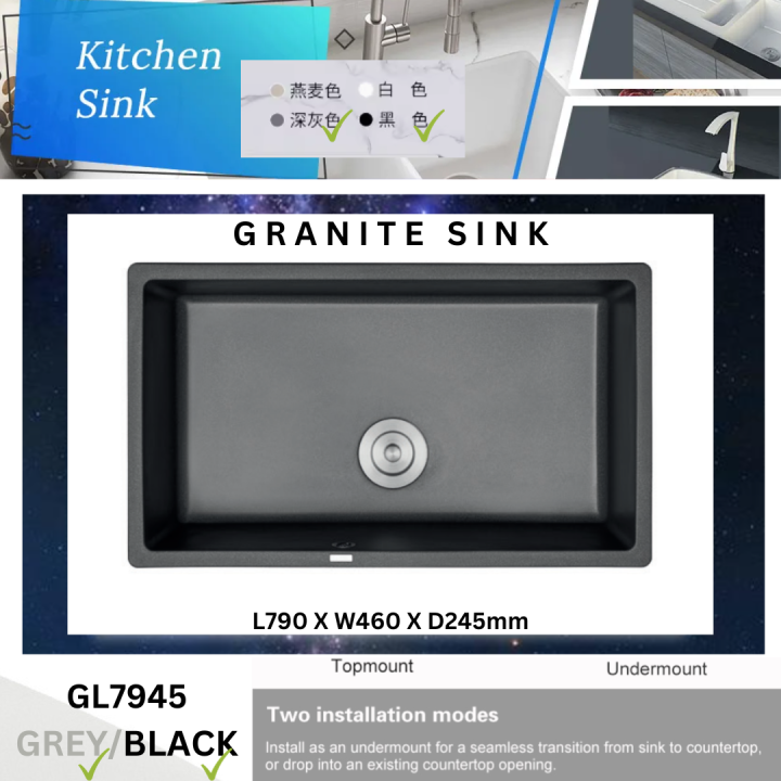 PRIMERA GL7945 SERIES TWO INSTALLATION MODE SINGLE BOWL GRANITE SINK WITH DIMENSION L790 X W460 ...