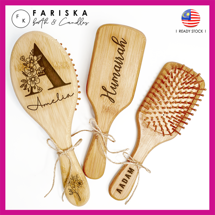 FARISKA l Custom Name Laser Engraved l Wooden Hairbrush l Sikat Ukiran ...