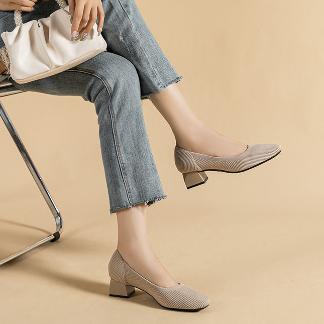 Women Fashion High Heels Shoes 2022 New Solid Color Square Toe Knitted ...
