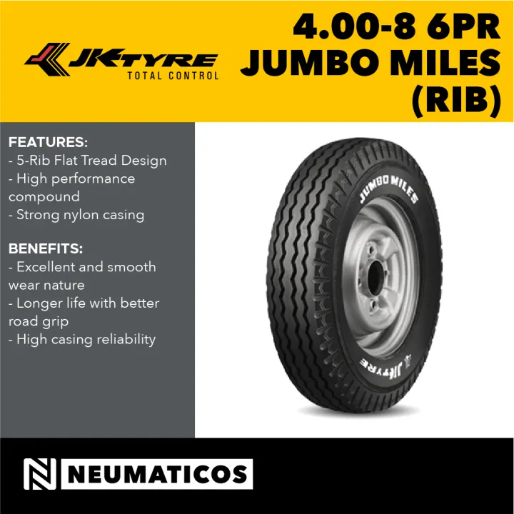 JK Tyre 4.00-8/6 PR Jumbo Miles Nylon / Bias Tube Type for Bajaj RE ...