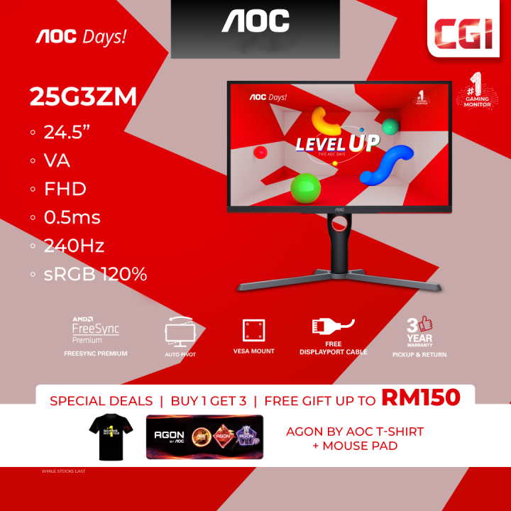 AOC 24.5" 25G3ZM VA FHD Freesync Premium Adaptive Sync 240Hz 0.5ms ...