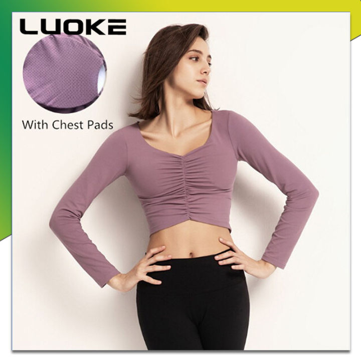 Luokeด้านบนผู้หญิงรอบคอชุดโยคะกับเบาะหน้าอกแน่นวิ่งออกกำลังกายเสื้อแขน ...