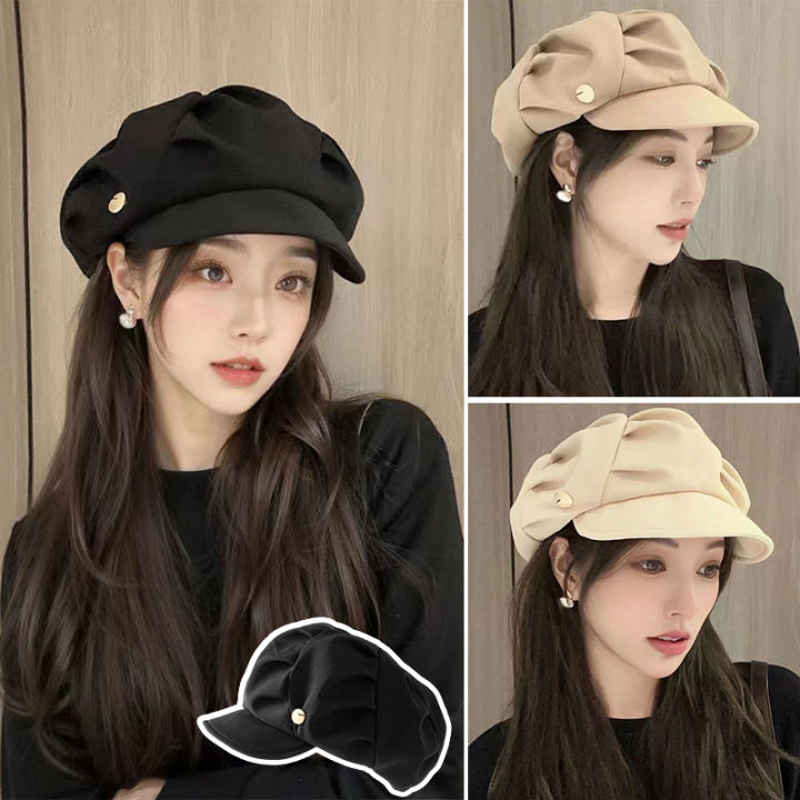 Korean Cloud Berets Fashion Pleated Octagonal Cap Vintage Solid Color ...