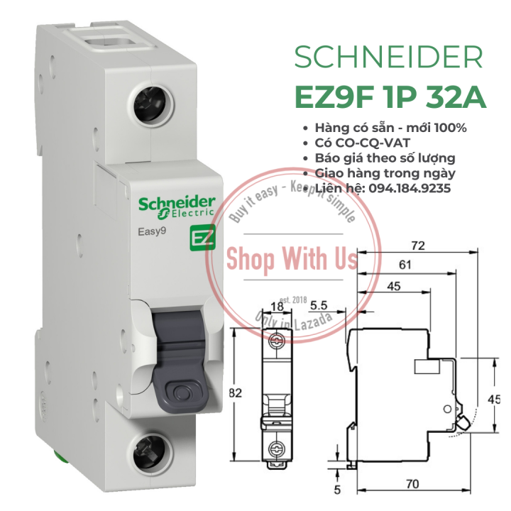 EZ9F34132 - Easy9 miniature circuit breaker- 1P - 32A - Aptomat CB Tép Schneider MCB EZ9F 1P 32A ...
