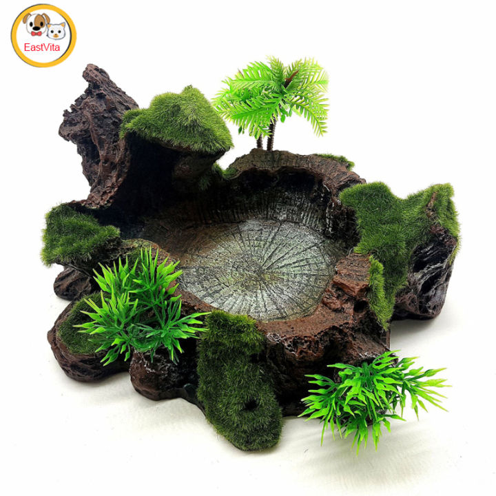Reptile Food Feeding Bowl Water Dish Artificial Tree Trunk Moss Decor ...