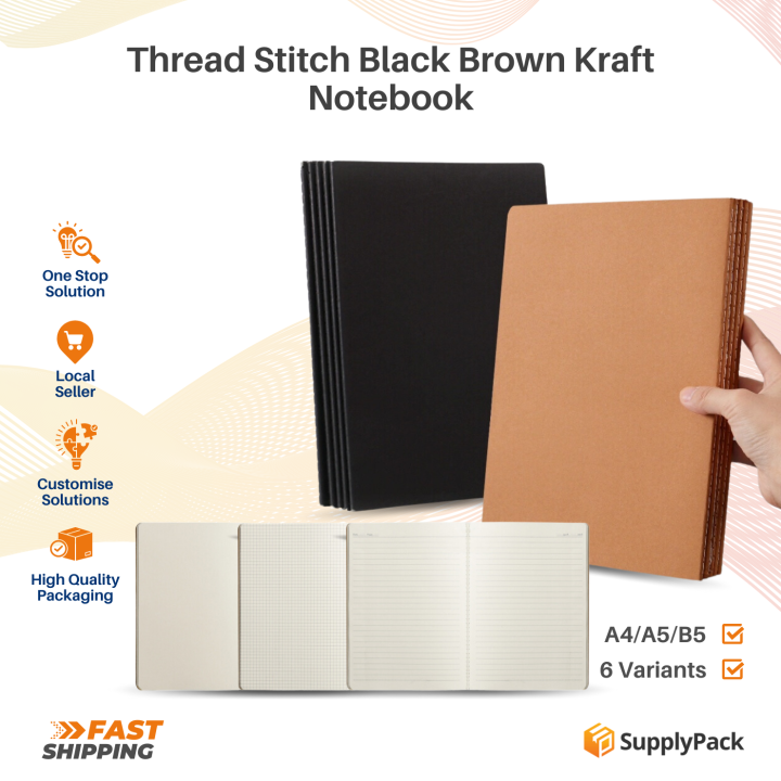 Thread Stitch Black Brown Kraft Notebook A4/A5/B5 Blank Checkered ...