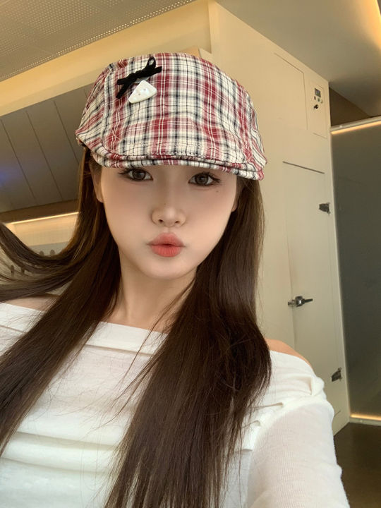 Miu is an art student ~ plaid beret female niche fashion forward hat ...
