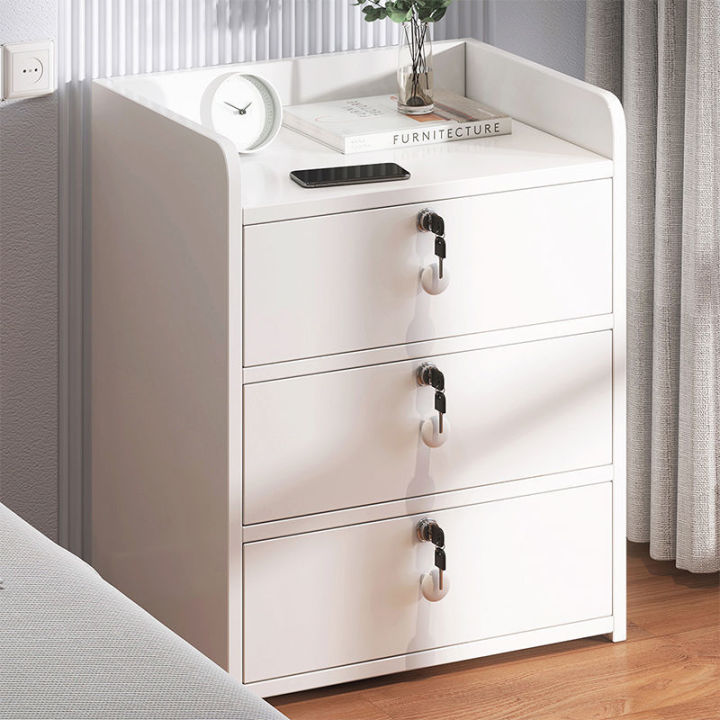 3 Drawers Wooden Bedside Cabinet Solid Wood Lock Storage Box Bedside ...