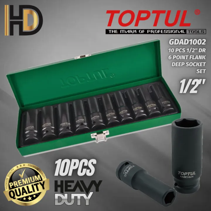 TOPTUL 10 Pcs 1/2" DR Flank Deep Impact Socket Set 6 Point / GDAD1002 ...
