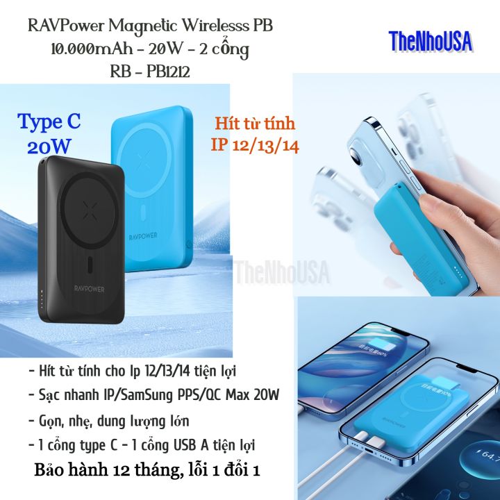 Pin dự phòng không dây RAVPower Magnetic Wireless Powerbank PD/PPS/QC ...