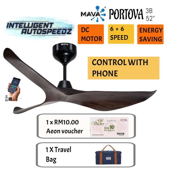 MAVA PORTOVA 54” DC Motor 3Blade Remote Control Ceiling Fan/ Kipas ...