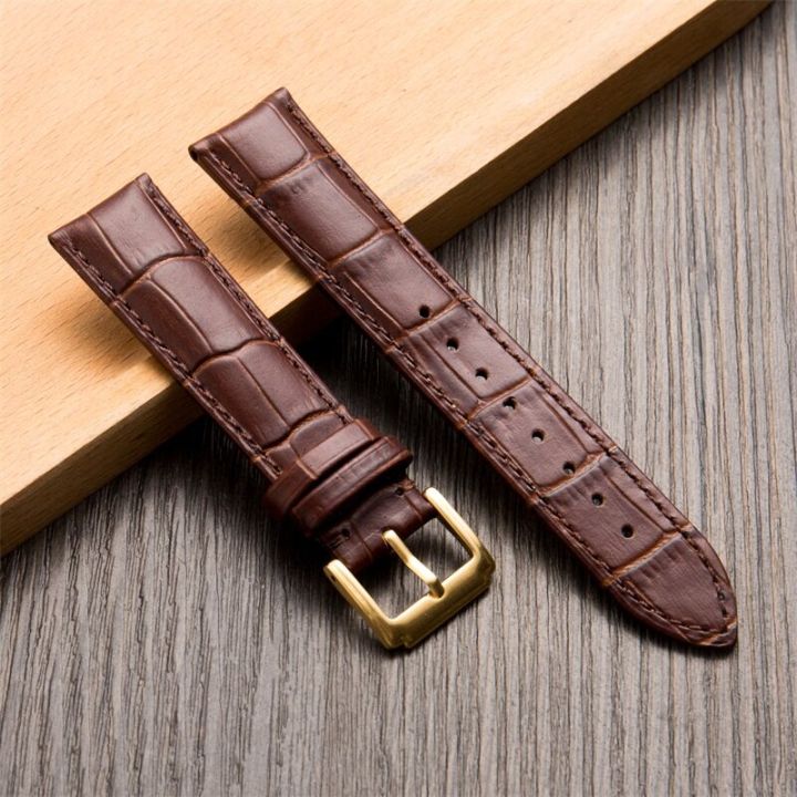Genuine Leather Watch Band Stainless Steel Gold Buckle Watch Strap Men ...
