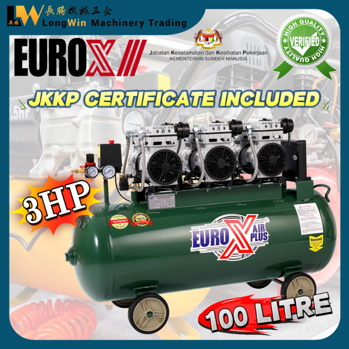 EUROX/// AIR PLUS EAG-3-10063F Triple Motor Oiless Single Phase Air Compressor 3HP 100Litre JKKP ...