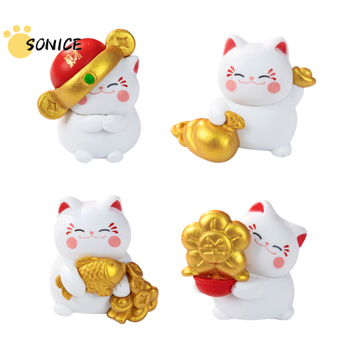 4pcs Miniature Lucky Cat Figurines Mini Fortunate Figure Small Resin ...