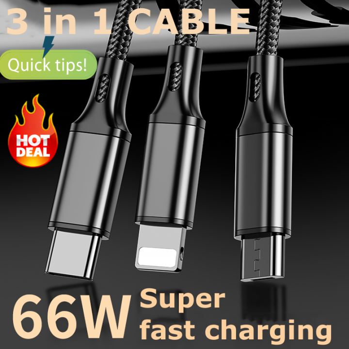 3.5A Original cable 3 In 1 USB Cable 66W Fast Charging Cord Nylon Braid ...