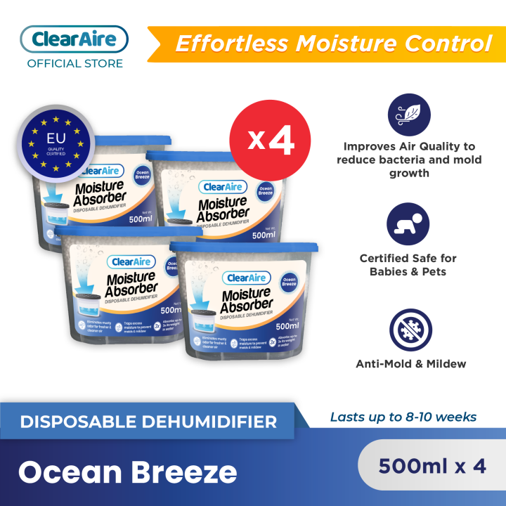 ClearAire Disposable Dehumidifier Ocean Breeze - Bundle Pack (500ml x 4) - Closet Cabinet ...