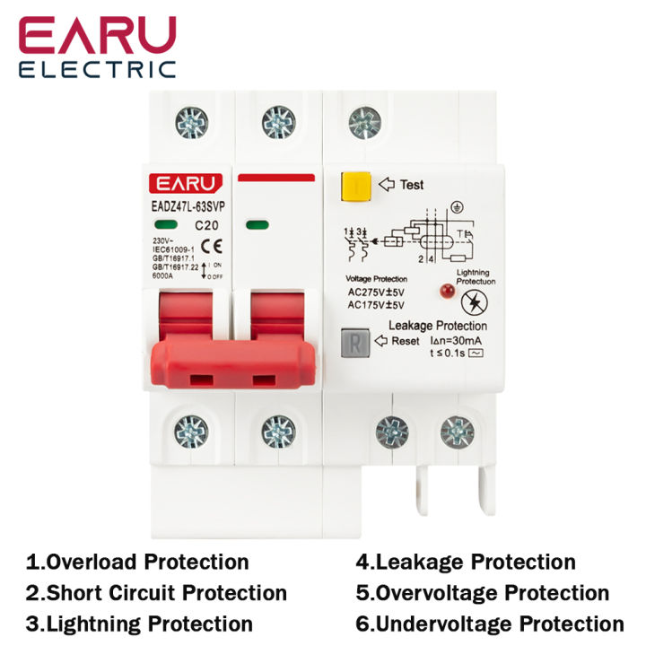 2P 230V SPD Residual Current Circuit Breaker With Overload Overvoltage ...