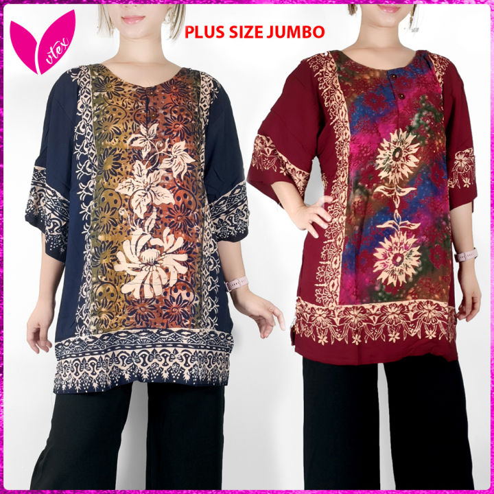 JUMBO Plus Size Batik Short Sleeve Blouse Wanita Baju Batik Perempuan ...