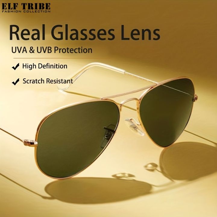 ELF TRIBE Real Glass Lens Aviator Sunglasses for Men, Metal Frame Retro ...