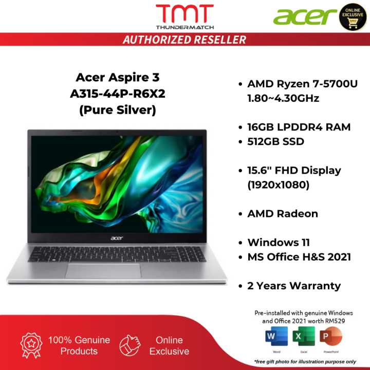 Acer Aspire 3 A315-44P-R6X2 Laptop (Pure Silver) | AMD Ryzen 7-5700U | 16GB RAM 512GB SSD | 15.6 ...