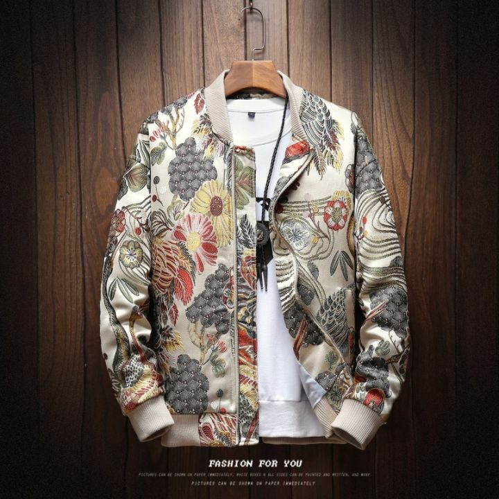 Mens Japanese Embroidery Bomber Jacket Loose Baseball Uniform ...