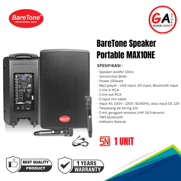 Speaker Portable BareTone Karoke 10inch MAX10HE TWS Bluetooth Micro SD ...