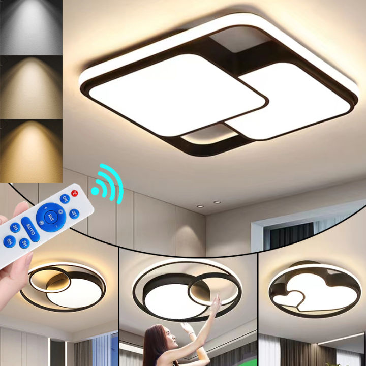 Modern LED Ceiling Light with Remote Black Dimmable Lamp Square ...
