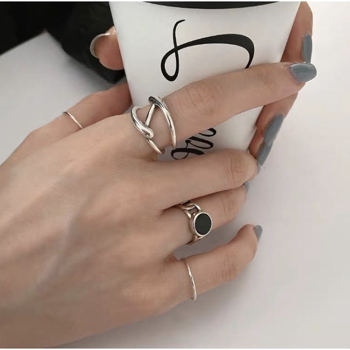 Nhẫn nữ bạc 925 hở thiết kế mặt tròn đá đen và xoắn bạc bản lớn cá tính phong cách Hàn Quốc Boho ...